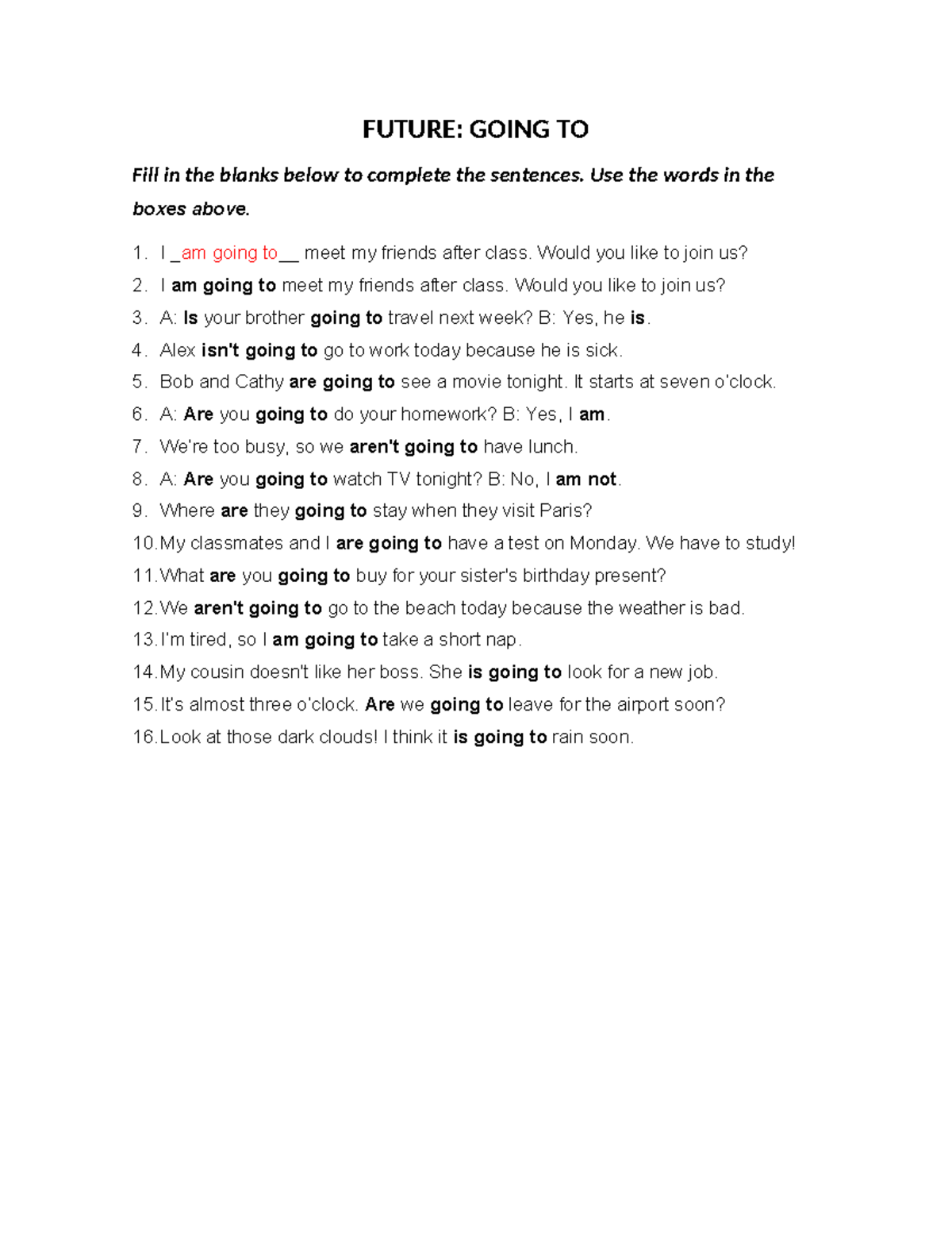 Going to - apuntes - FUTURE: GOING TO Fill in the blanks below to ...