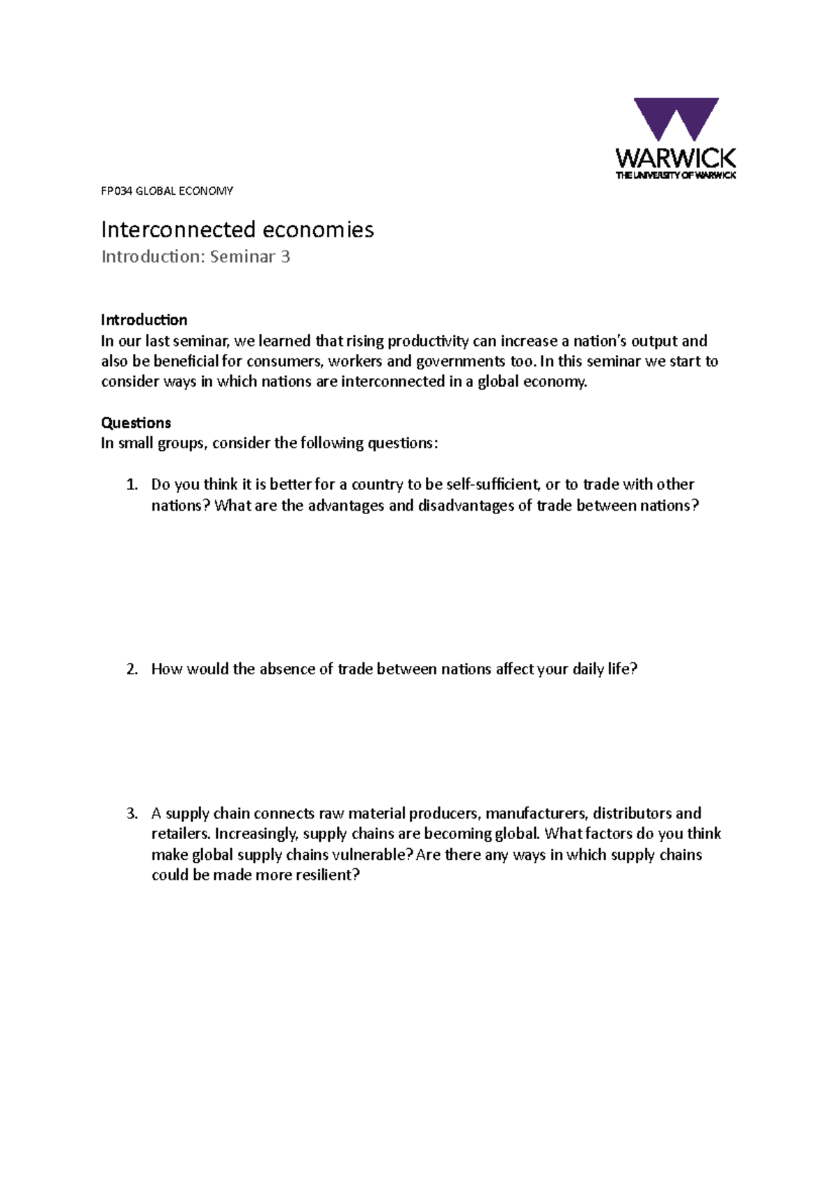 FP034 GLOBAL ECONOMY Seminar 3: Interconnected Economies Insights - Studocu