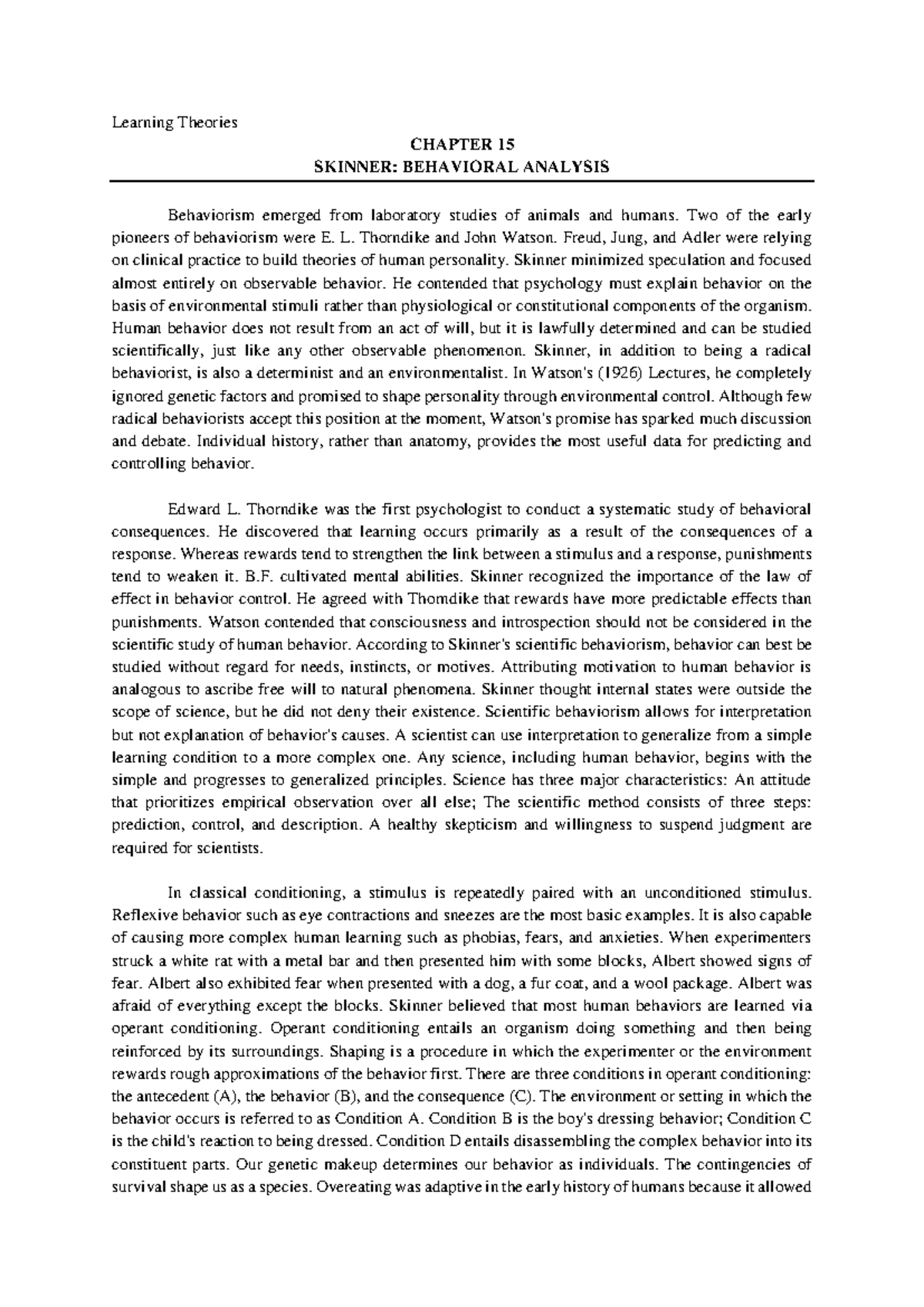 15- Chapter Summary: Skinner's Behaviorism and Learning Theories - Studocu