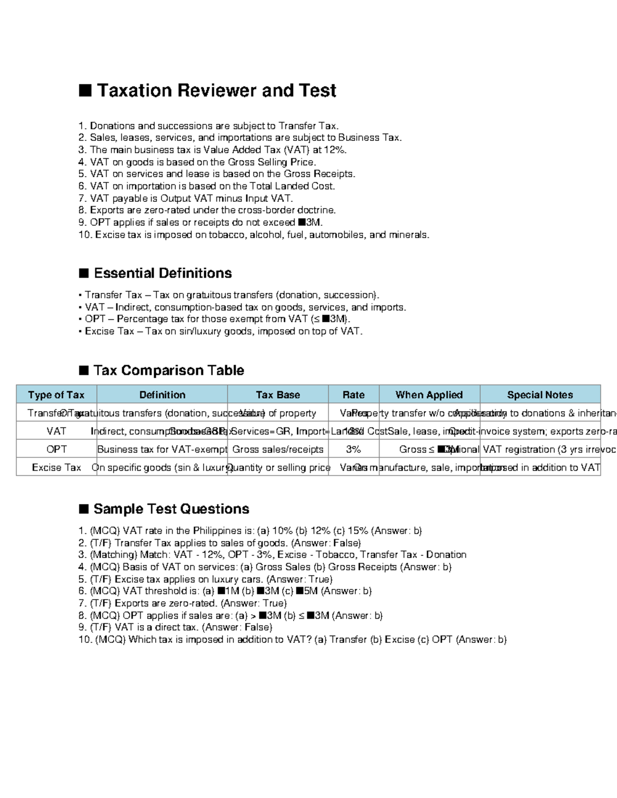 Taxation Reviewer and Test 1: VAT, Transfer, and Excise Tax Insights ...