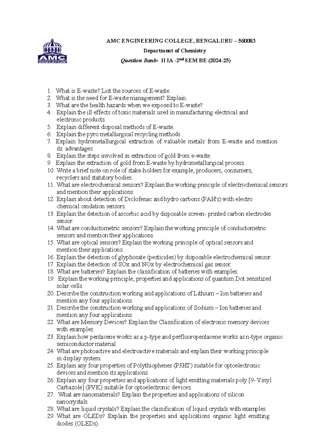 AMC BE I Sem Chemistry Question Bank: Key Concepts & Applications - Studocu