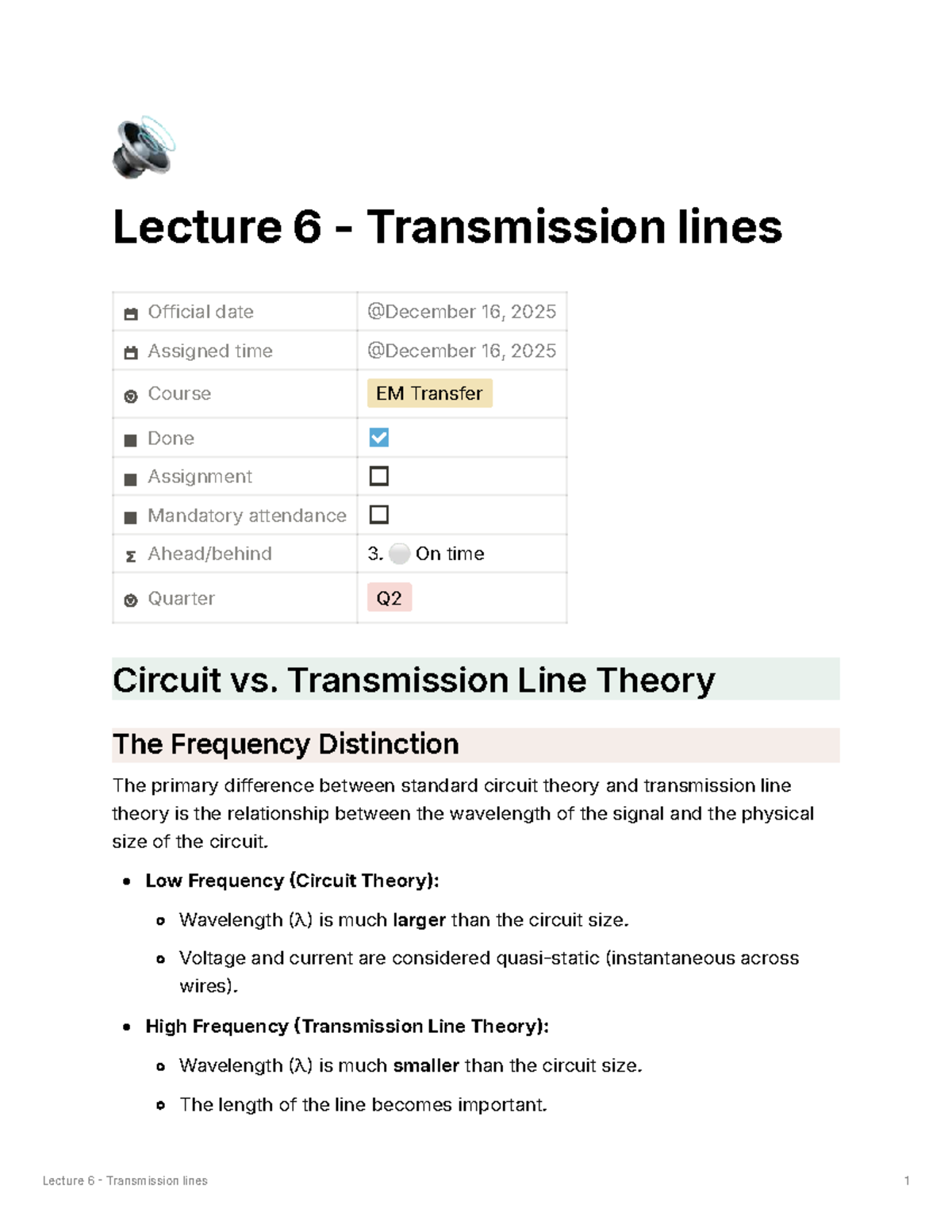 EM Transfer - Lecture 6: Transmission Lines Fundamentals and Theory ...