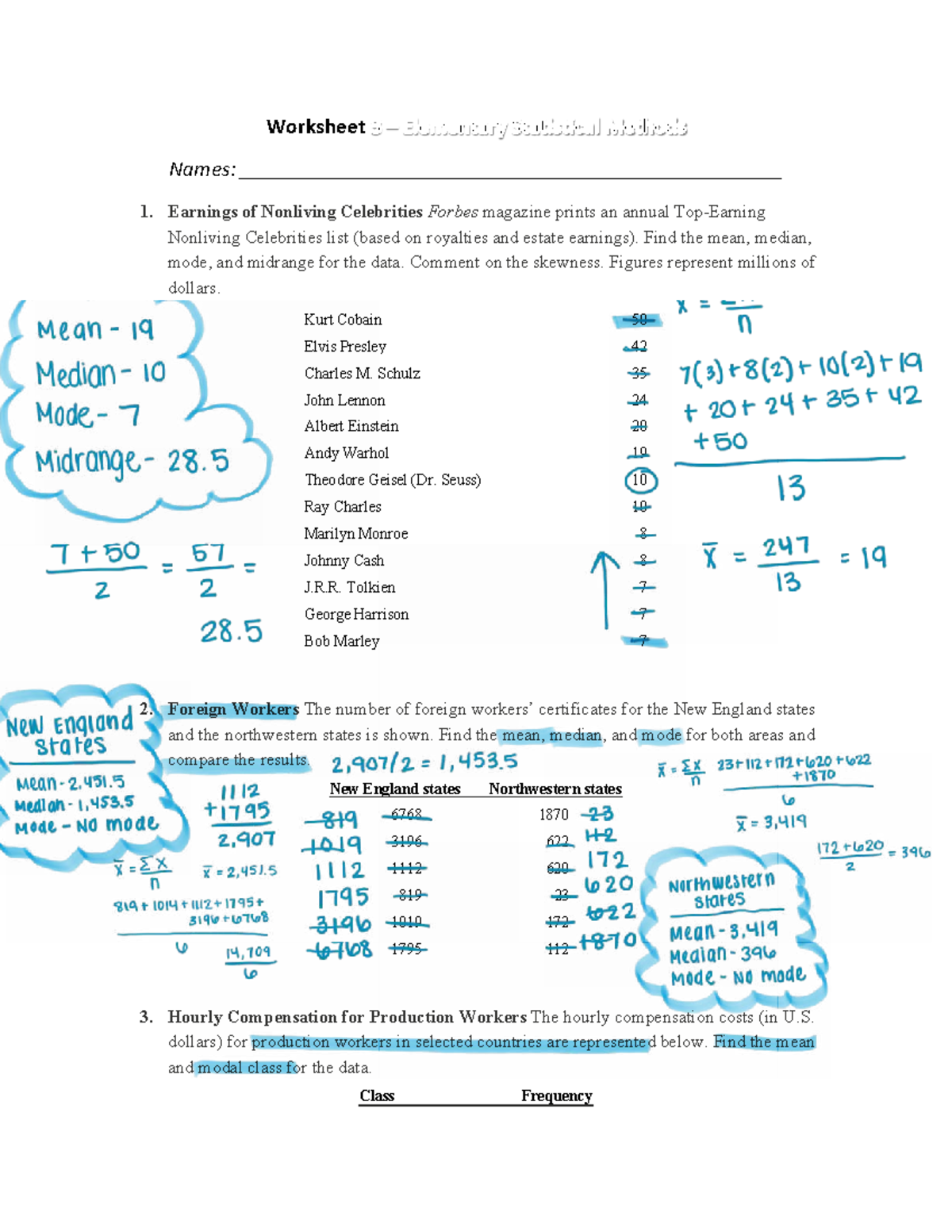 Worksheet 3: Statistical Analysis of Earnings & Costs (Ch. 3) - Studocu