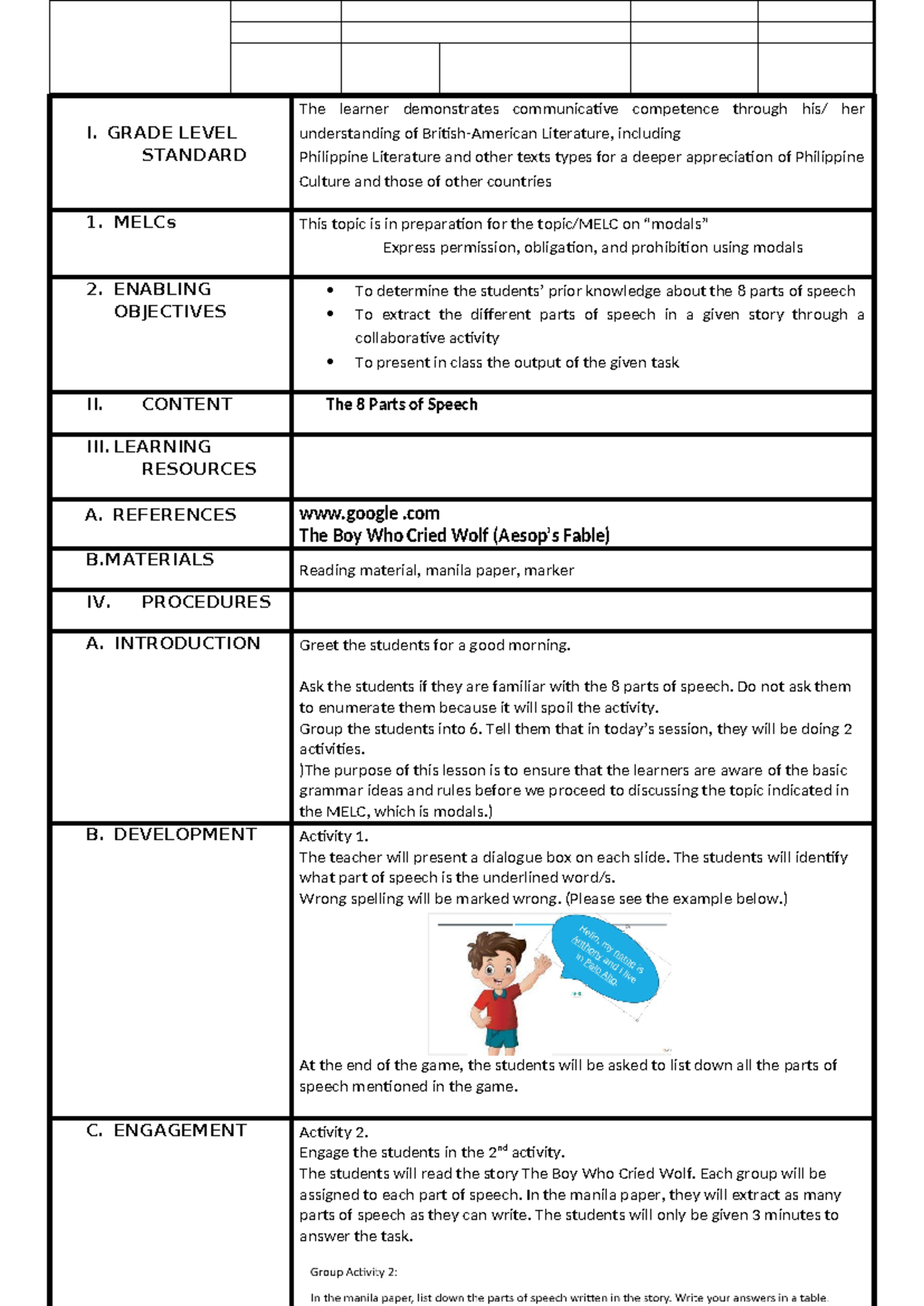 Grade Level Standard 1: Parts of Speech Lesson Plan (Week 1, Day 1 ...