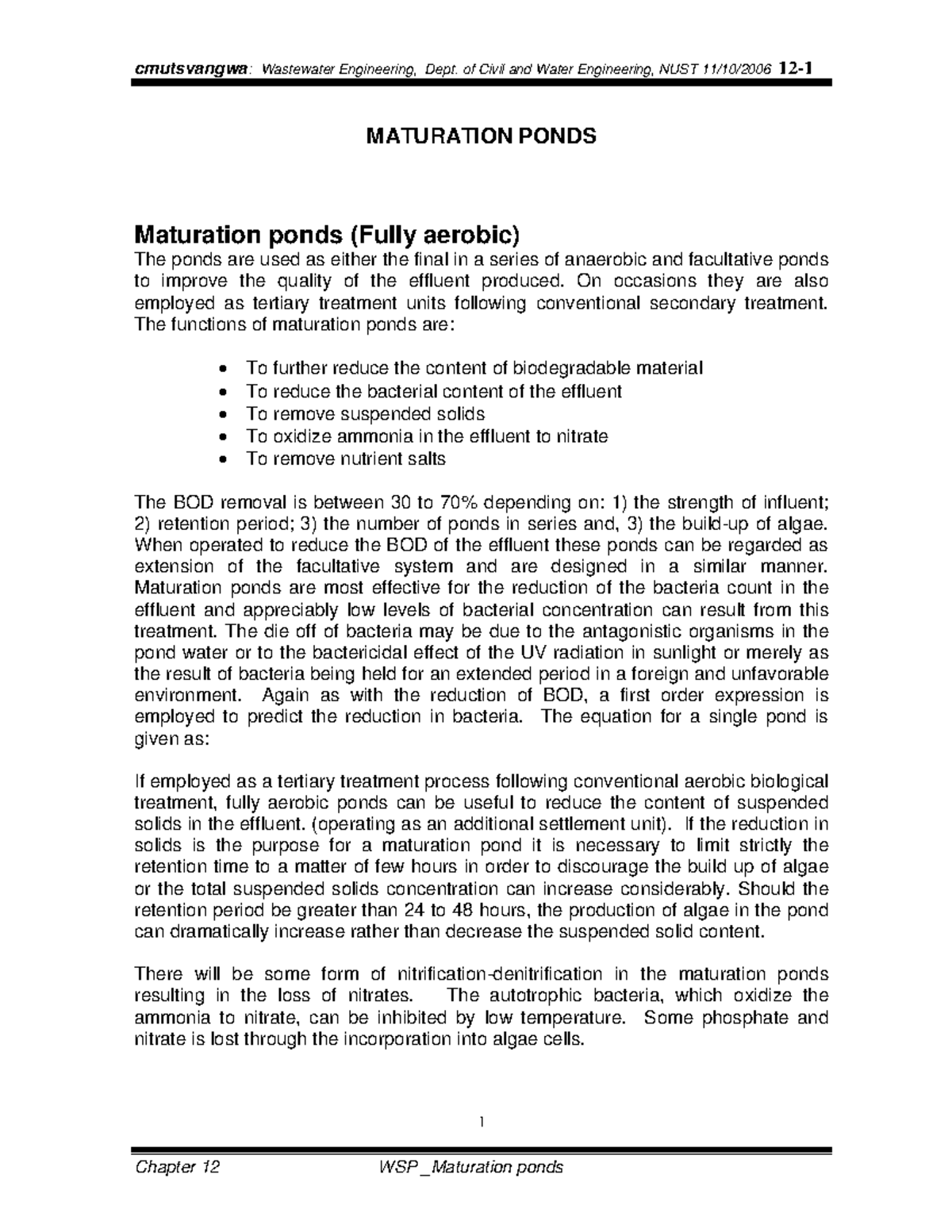 Chapt 12 WSP: Overview of Maturation Ponds in Wastewater Treatment ...