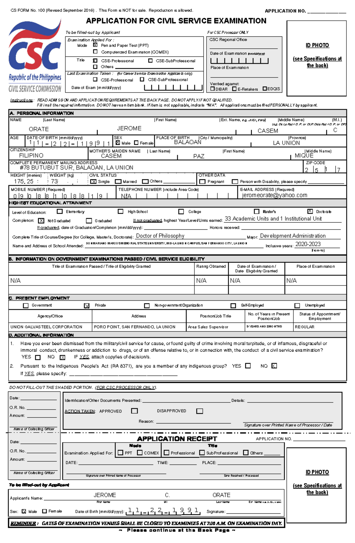 CIVIL SERVICE CSE Form No. 100 - Application for Professional Exam ...