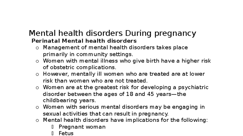 Perinatal Mental Health Disorders: Management and Implications - Studocu