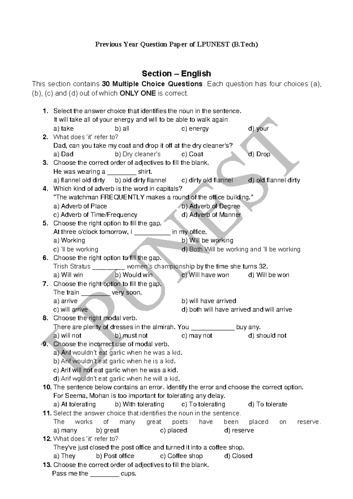 LPUNEST (B.Tech) English Questions - Previous Year Paper Insights - Studocu
