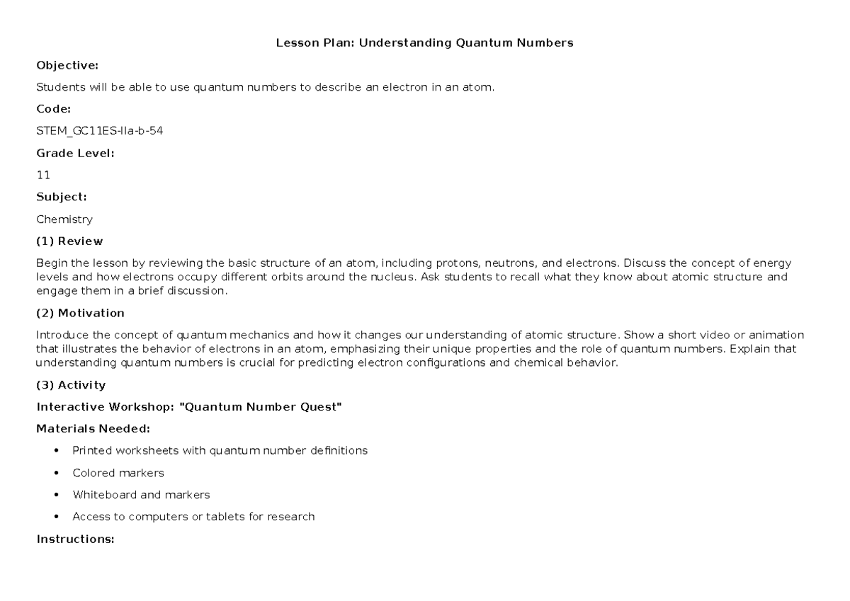 GC11ES-IIa-b: Week 3 Lesson Plan on Quantum Numbers - General Chemistry ...