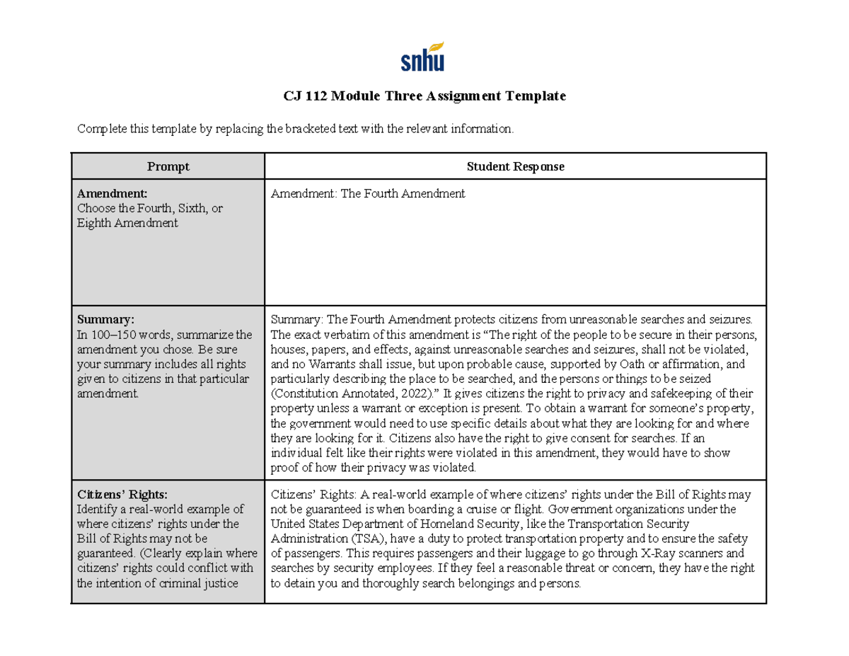 CJ 112 Module 3 Assignment: Fourth Amendment Analysis and Impact - Studocu