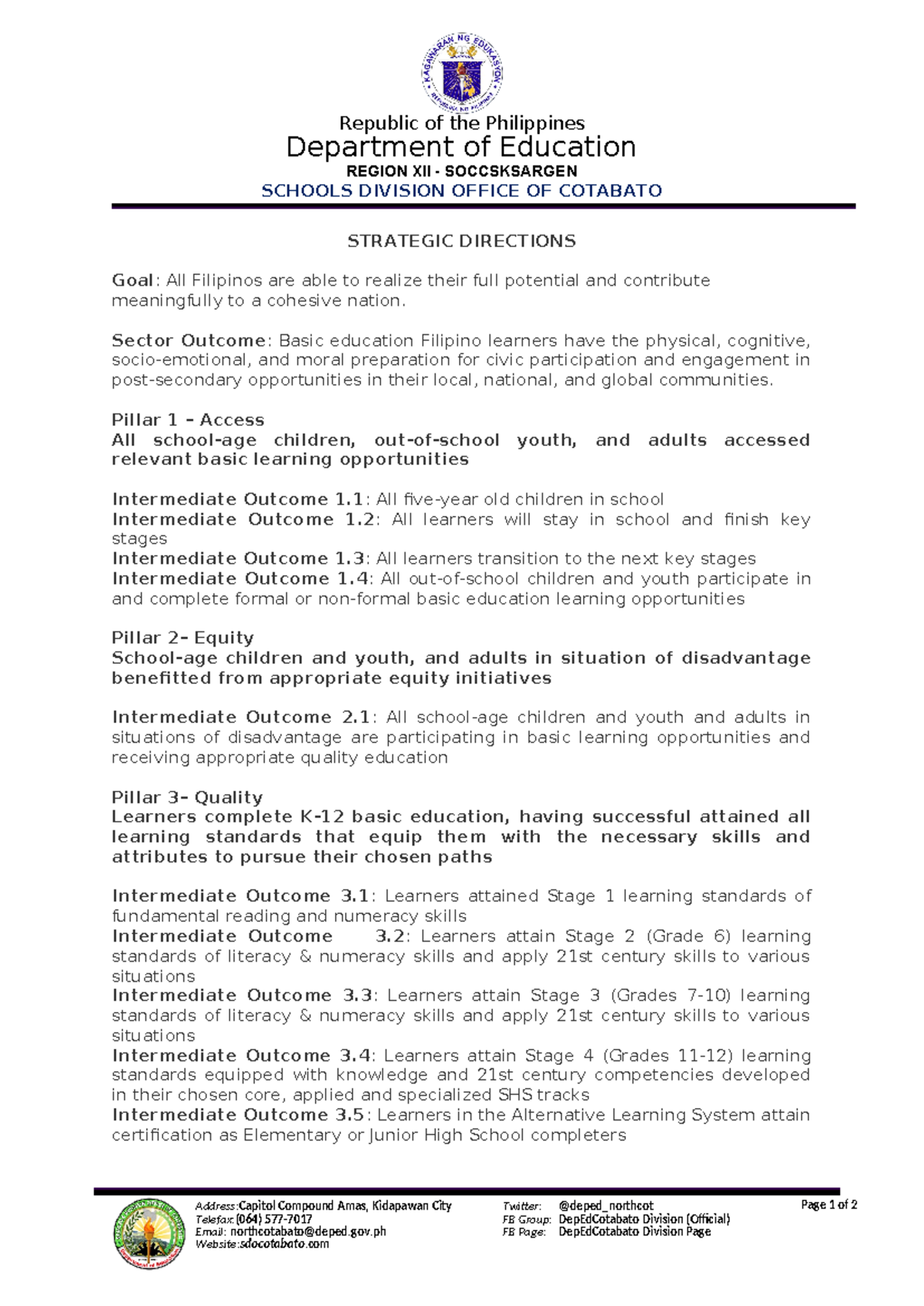 DEDP Strategic Directions: Pillars & Mechanisms for Education - Studocu