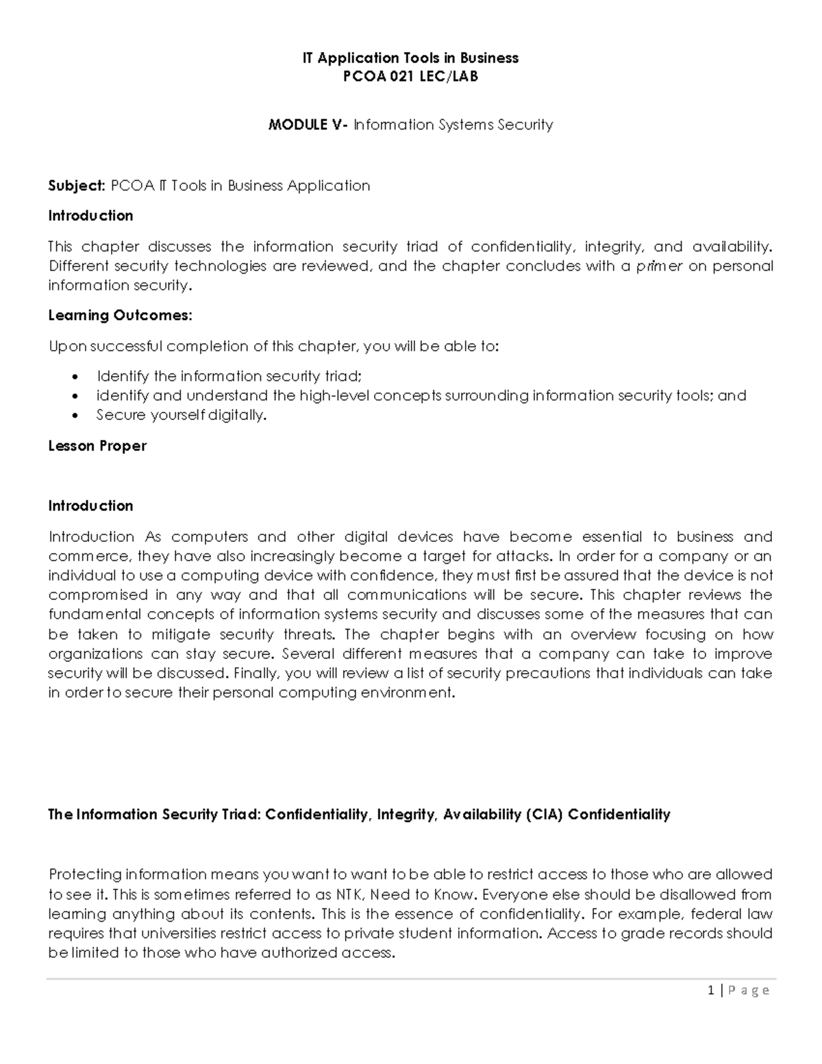 PCOA 021 Final Exam Notes: Module 5 - Info Systems Security Overview ...