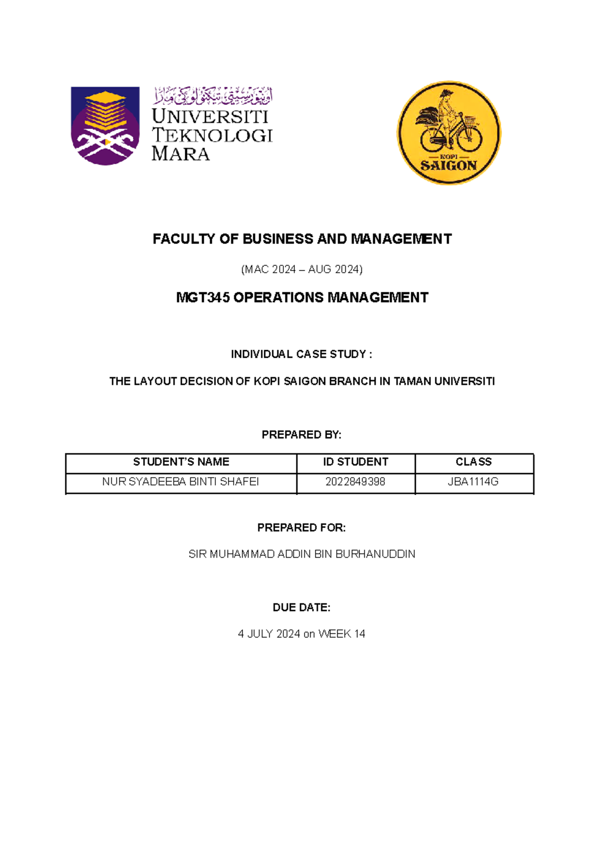 MGT345: Individual Case Study on Kopi Saigon's Layout Decisions - Studocu