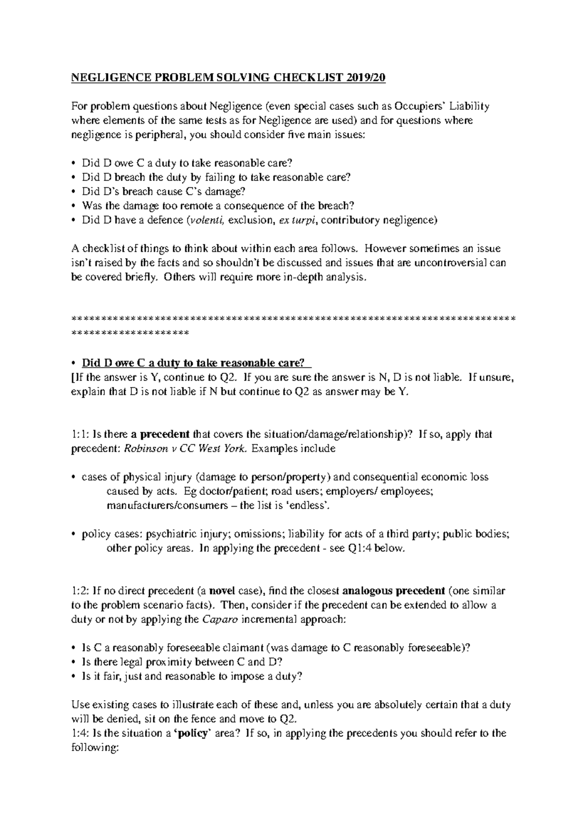 Negligence Problem Solving Checklist (2019) - Key Issues & Applications ...