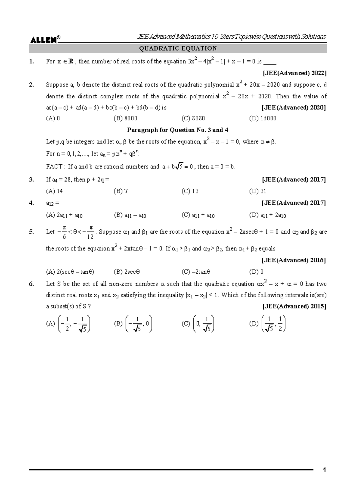 JEE Advanced Mathematics: 10 Years of Quadratic Equation Questions ...