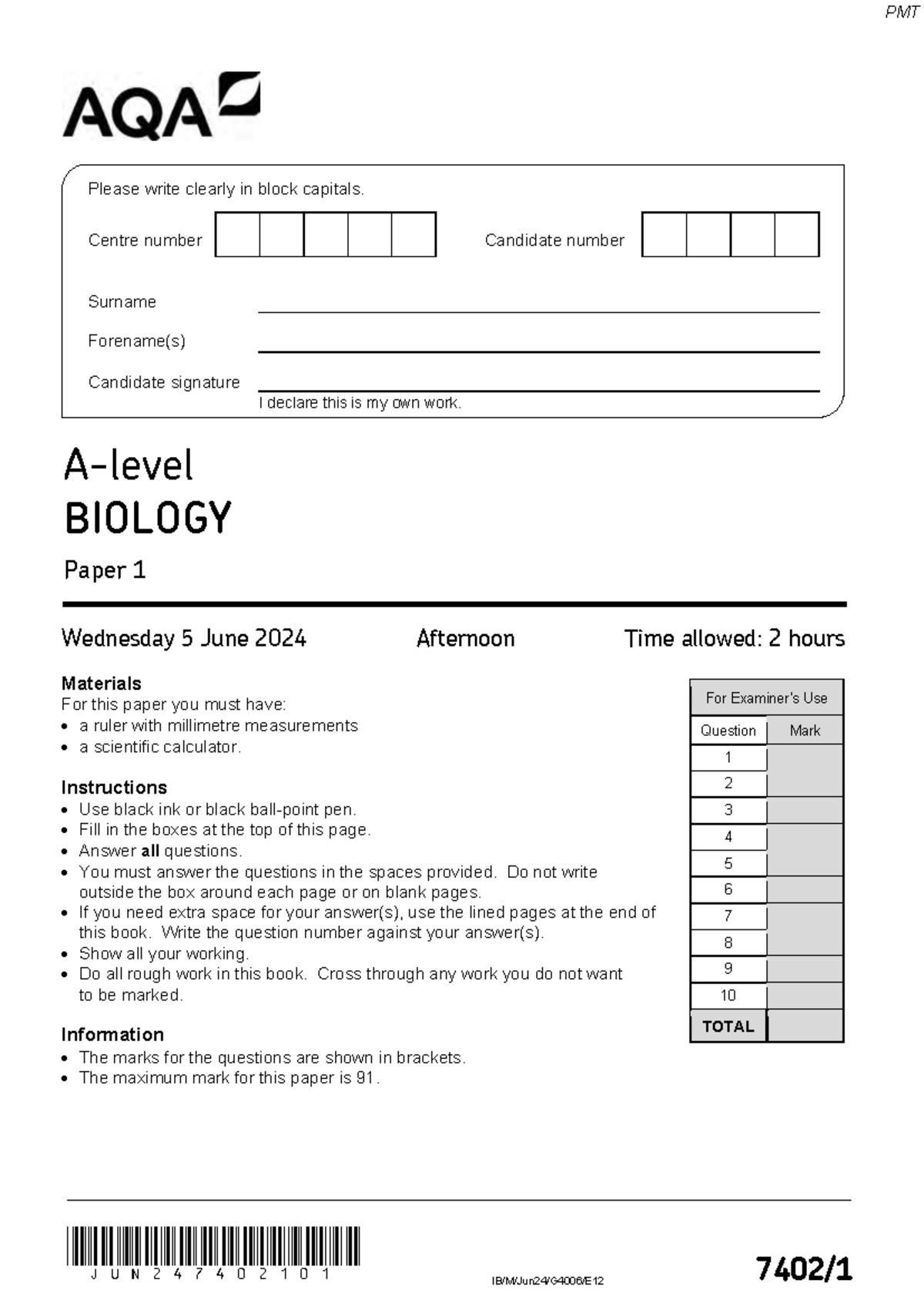 BIOLOGY Paper 1 - June 2024 Exam Questions and Instructions - Studocu