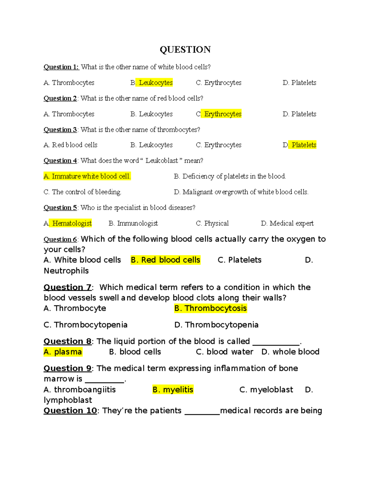 Biology Quiz: Blood Cells & Medical Terms (Course Code: Anh-2) - Studocu