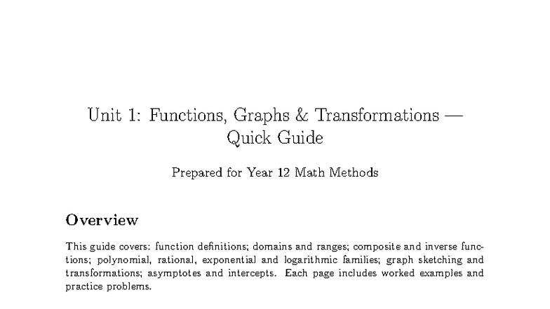 Unit 1: Functions & Graph Transformations Quick Guide - Year 12 Math ...