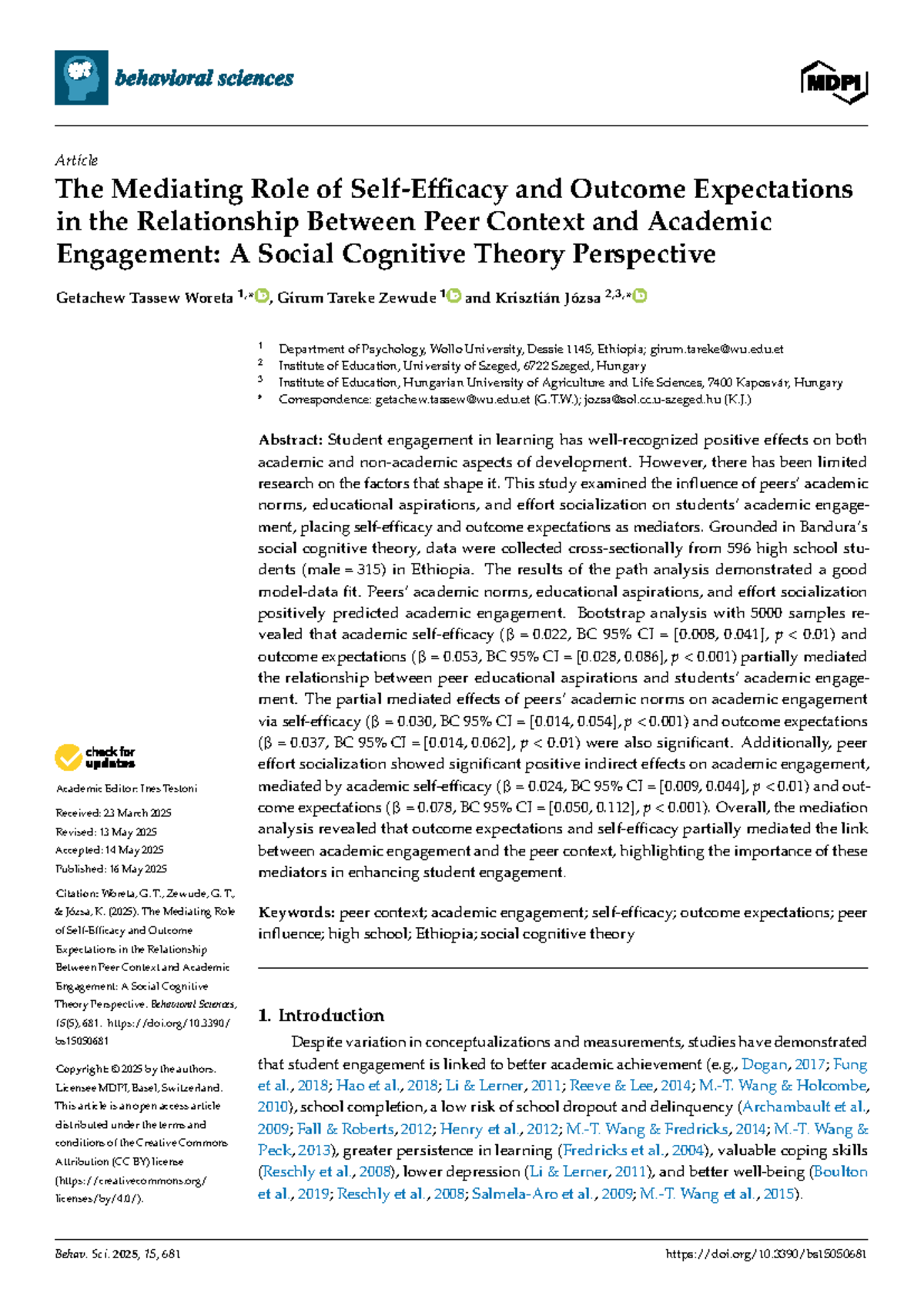 The Mediating Role of Peer Context and Outcome Expectations in Academic ...