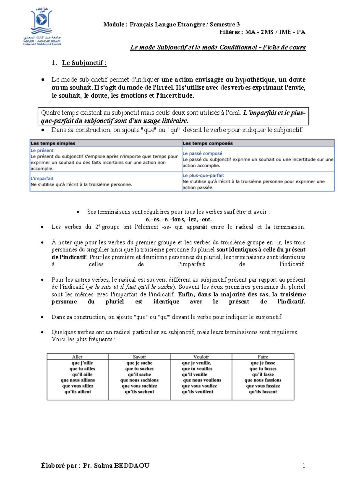 Fiche de cours - Le mode Subjonctif et Conditionnel (FLE - Sem 3) - Studocu