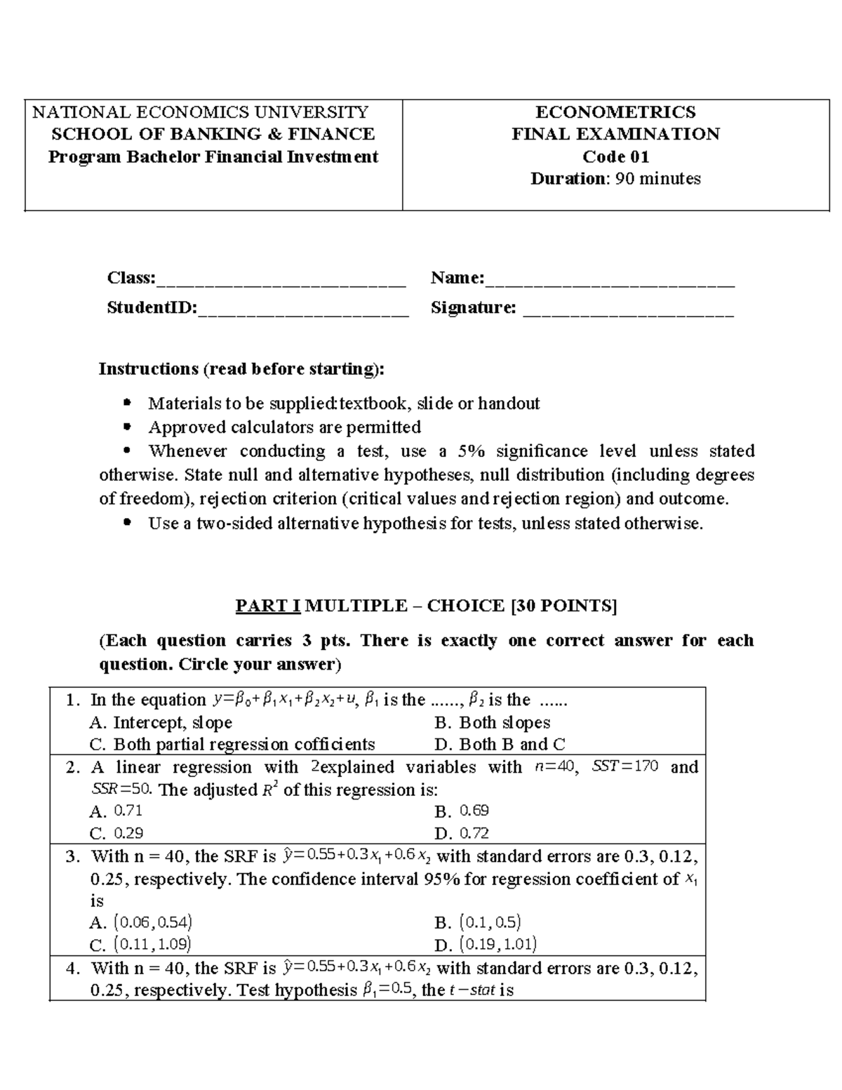 Econometrics Final Exam BFI-61: Comprehensive Review and Questions ...