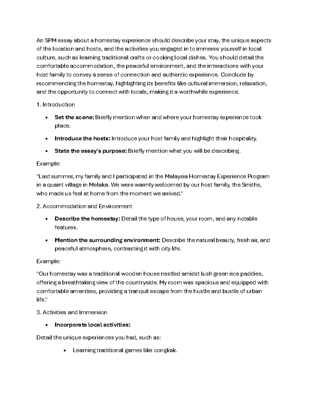 SPM Essay: Memorable Homestay Experience in Melaka - Studocu