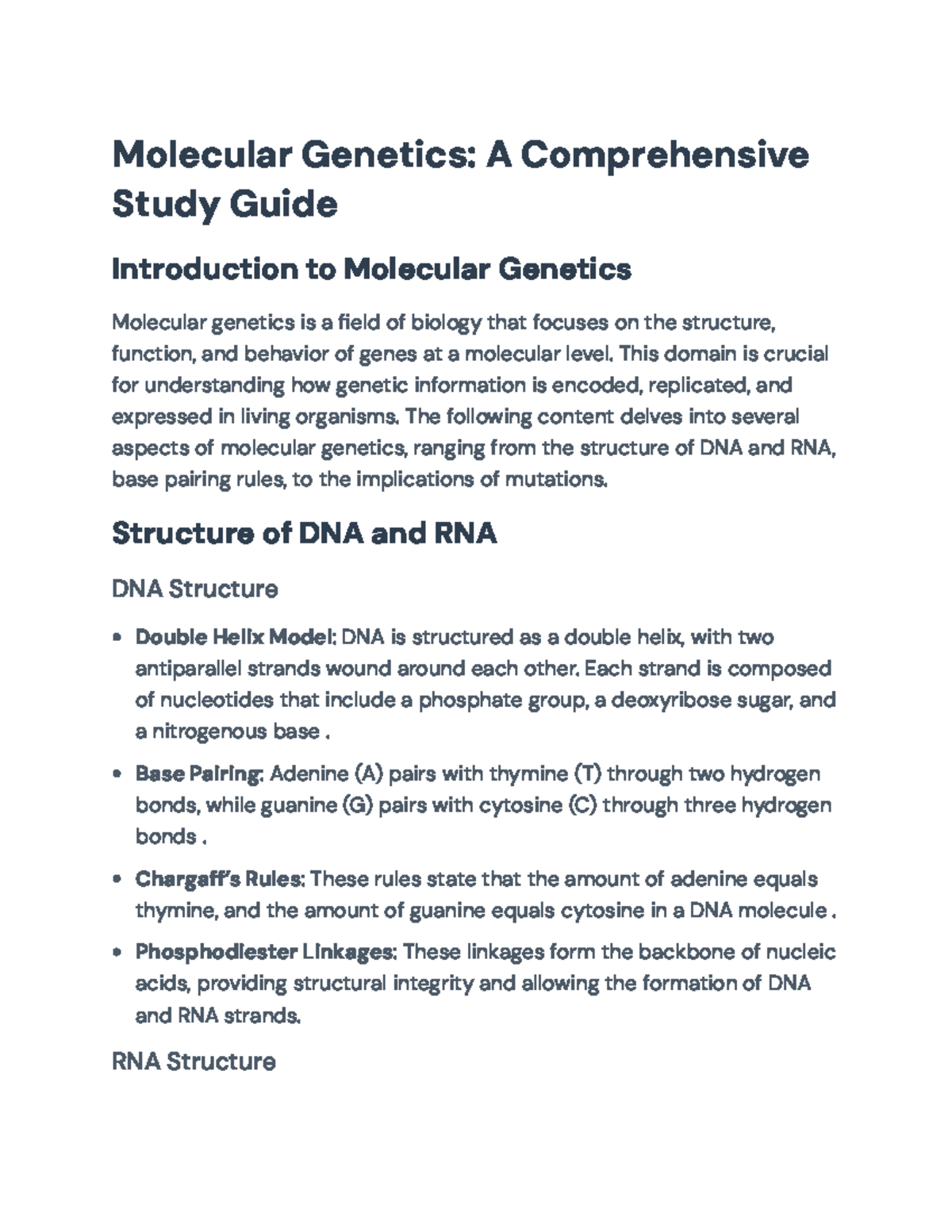 Molecular Genetics Study Guide: DNA/RNA Structure & Function Overview ...