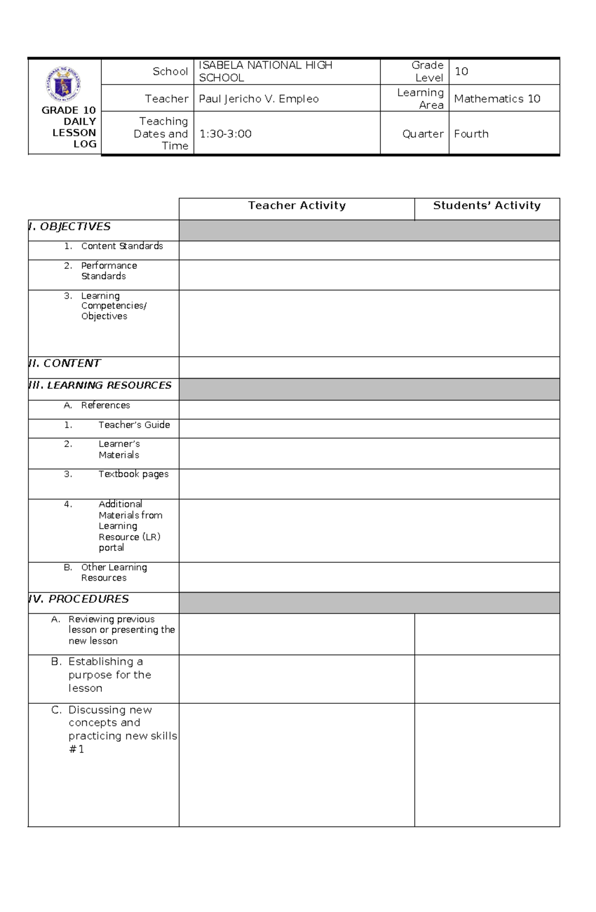 Grade 10 Daily Lesson Log for Mathematics 10 - 4th Quarter - Studocu