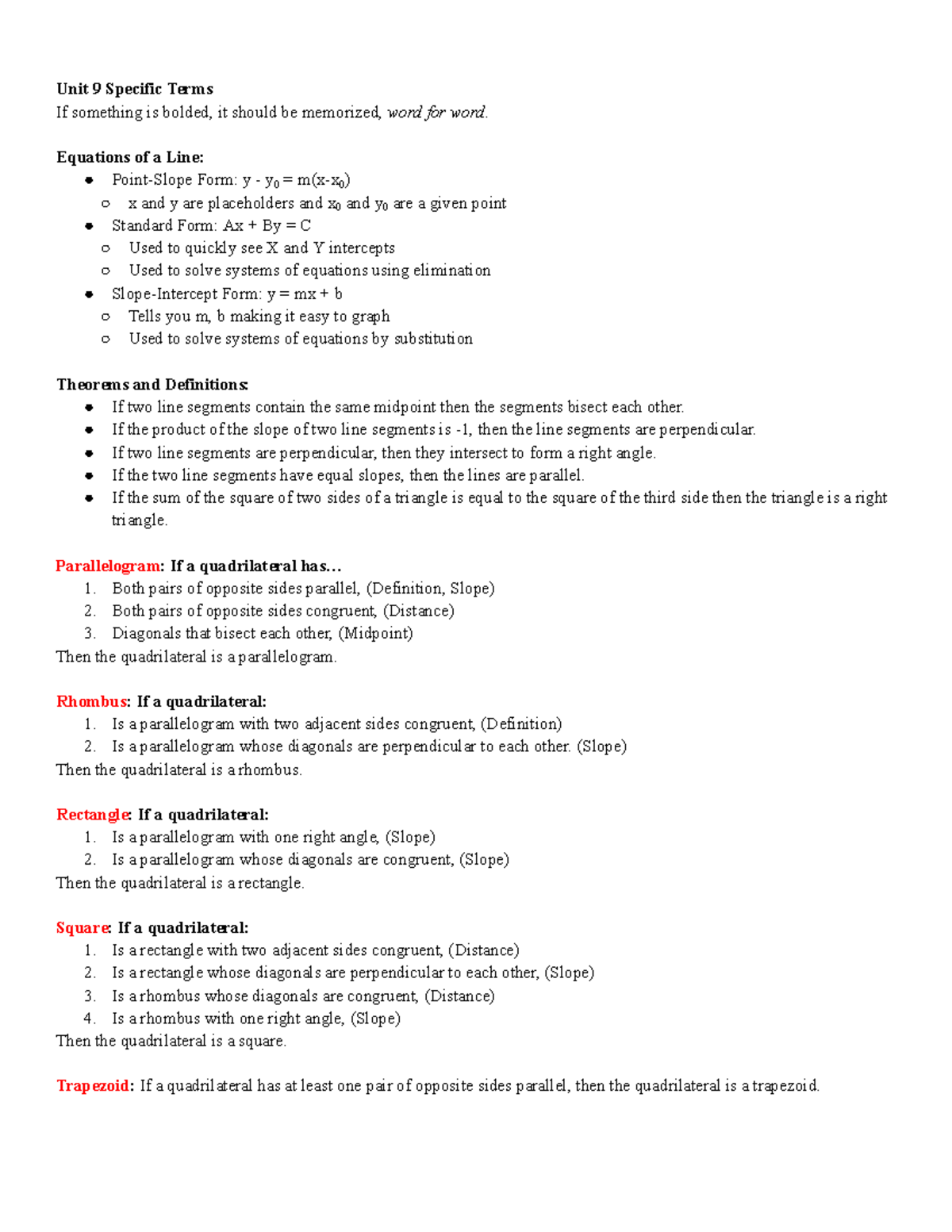 Unit 9 Geometry Terms & Theorems for Mastery - Studocu