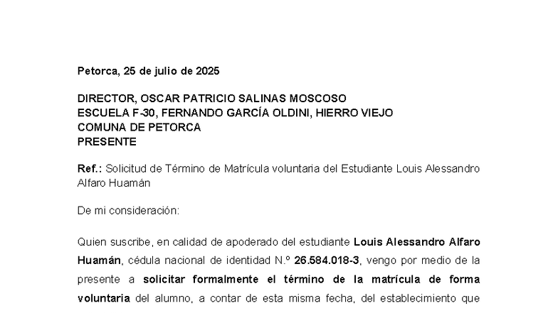 Solicitud de Término de Matrícula Voluntaria - Louis Alfaro Huamán ...