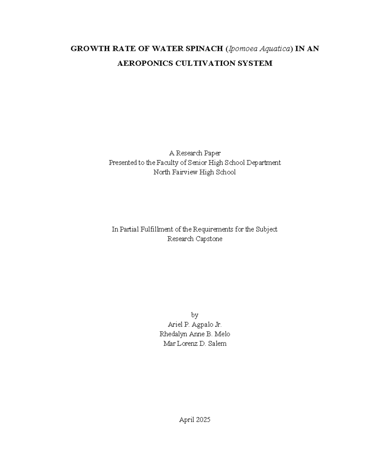 Research Capstone: Growth Rate of Water Spinach in Aeroponics (SHISH ...