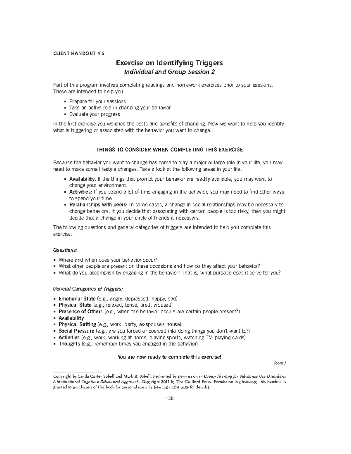 Identifying Triggers - 138 Copyright by Linda Carter Sobell and Mark B ...