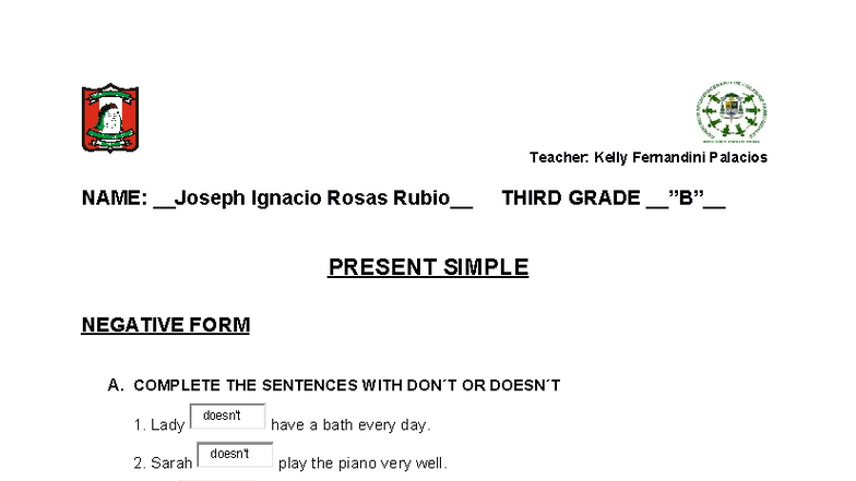 Third Grade English: Present Simple Negative Form Exercises - Studocu