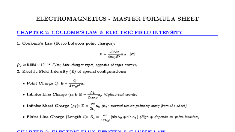 ELECTROMAGNETICS MASTER FORMULA SHEET CH. 2-7: KEY LAWS & EQUATIONS ...