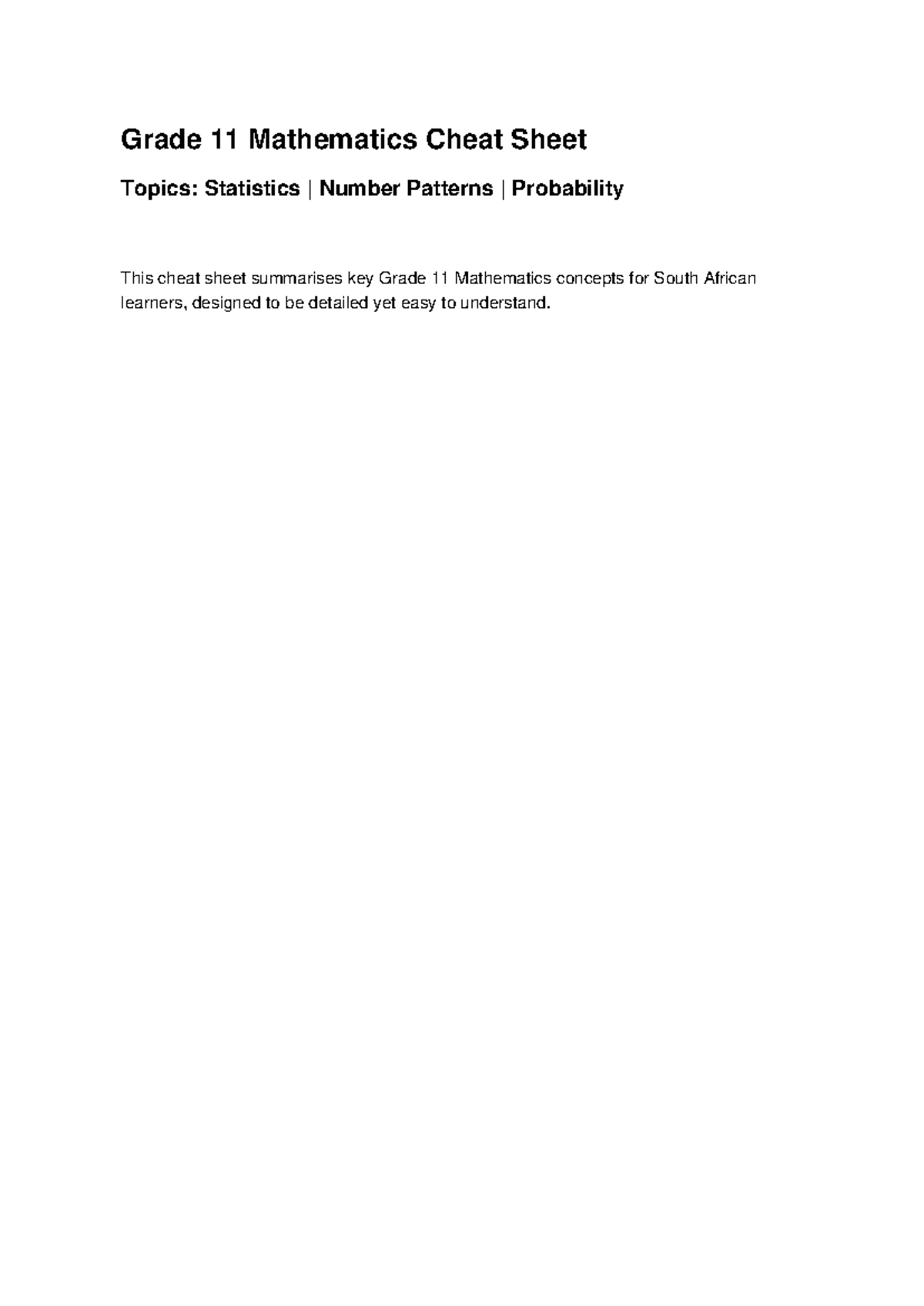Grade 11 Maths Cheat Sheet: Stats, Patterns & Probability - Studocu