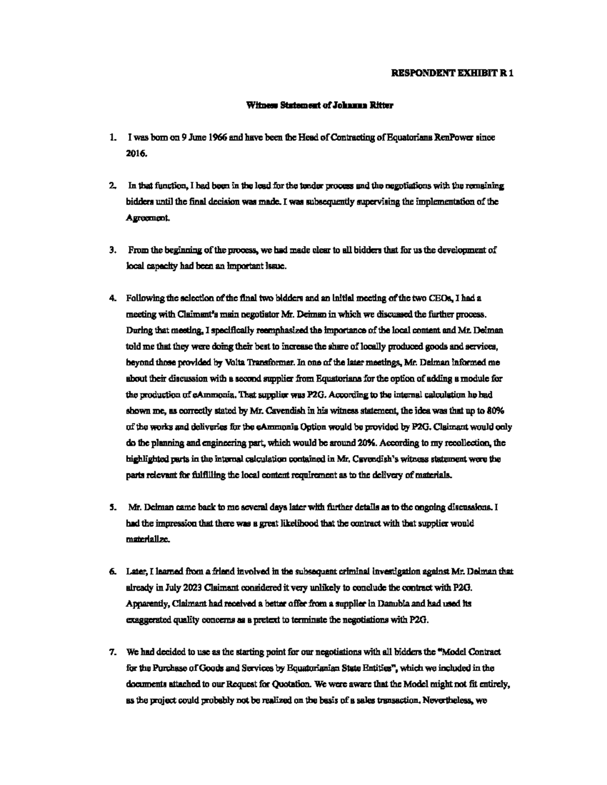 RESPONDENT EXHIBIT R 1: Witness Statement of Johanna Ritter ...