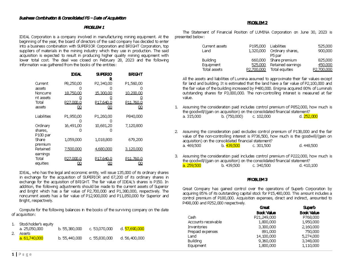 Business Combinations and Consolidated Financial Statements Review for BusCom - Studocu