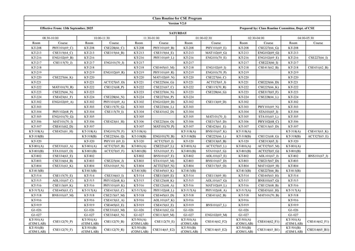 Class Routine for CSE Program (Fall 2025) - Version 2.0 - Studocu