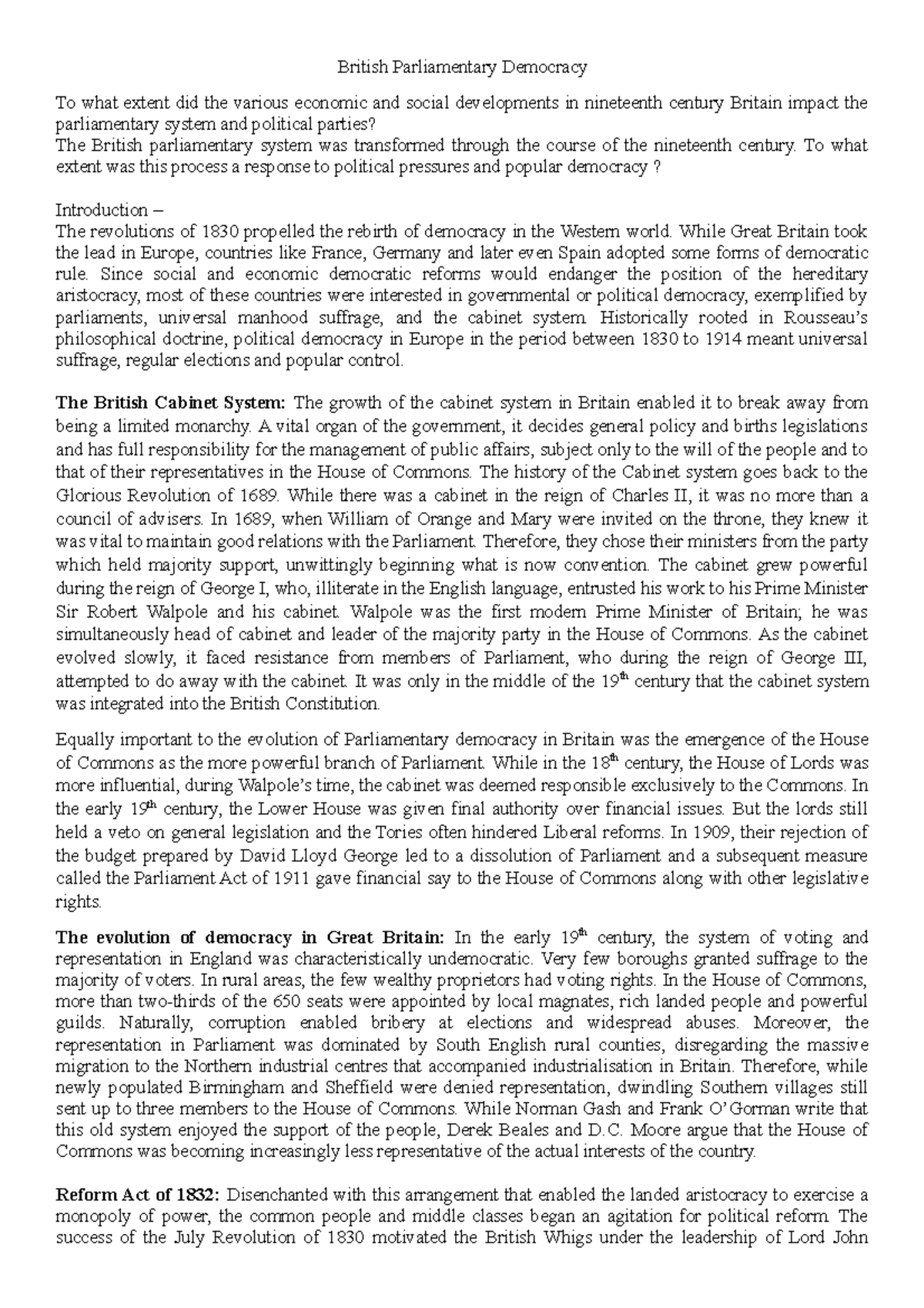 The Transformation of British Parliamentary Democracy: 19th Cent ...