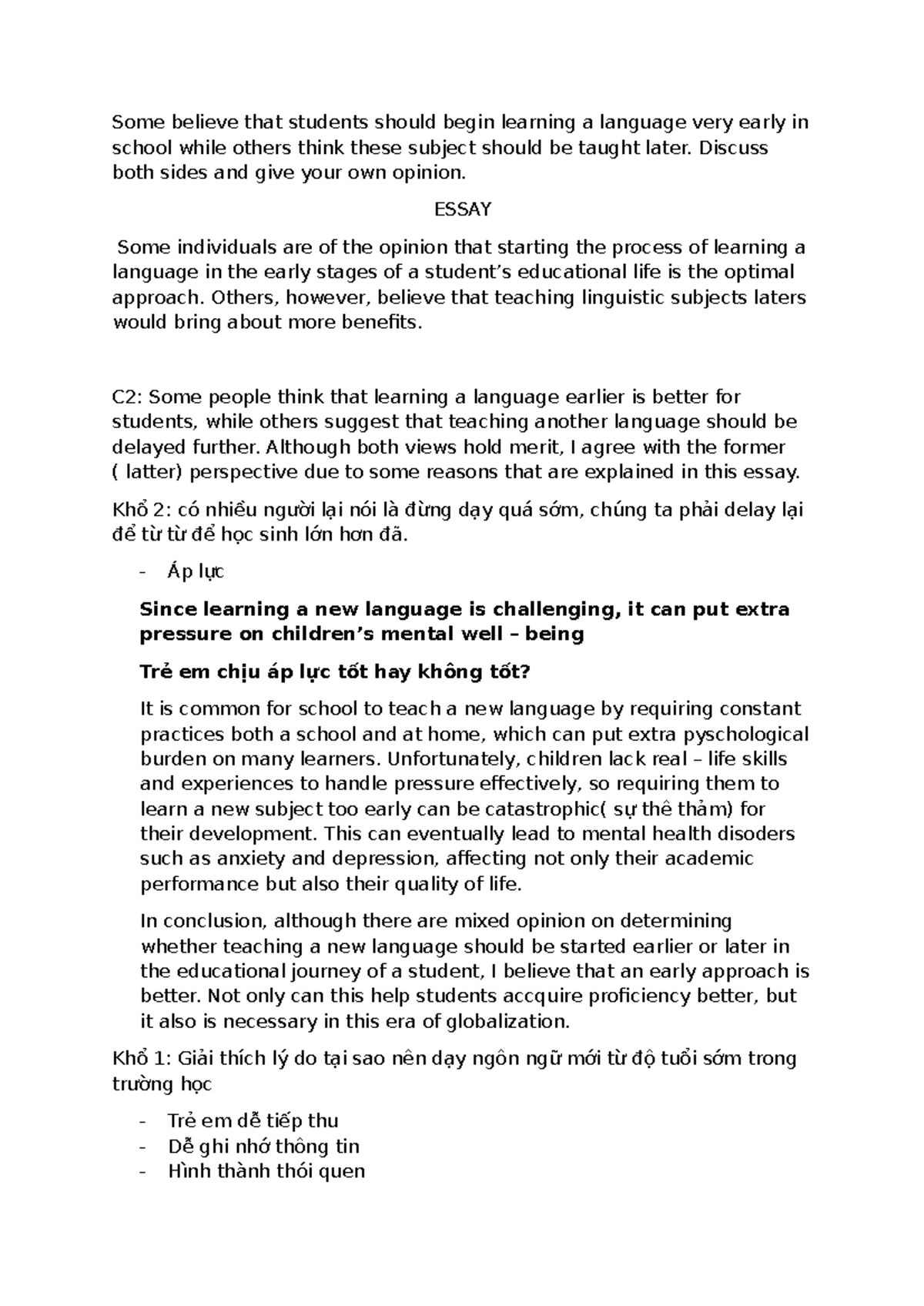 C2: IELTS Essay on Early vs. Late Language Learning - Studocu
