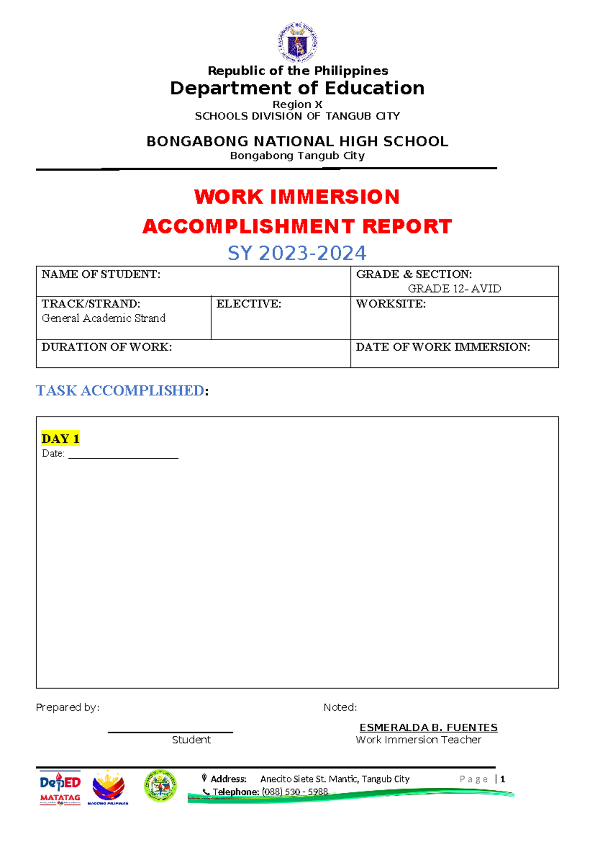 Grade 12 AVID Work Immersion Accomplishment Report SY 2023 - Studocu