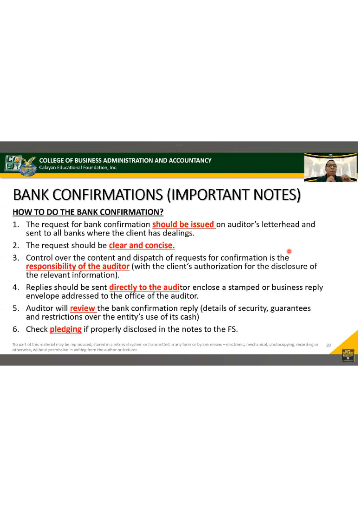 BANK CONFIRMATIONS: IMPORTANT NOTES & PROCEDURES - Studocu