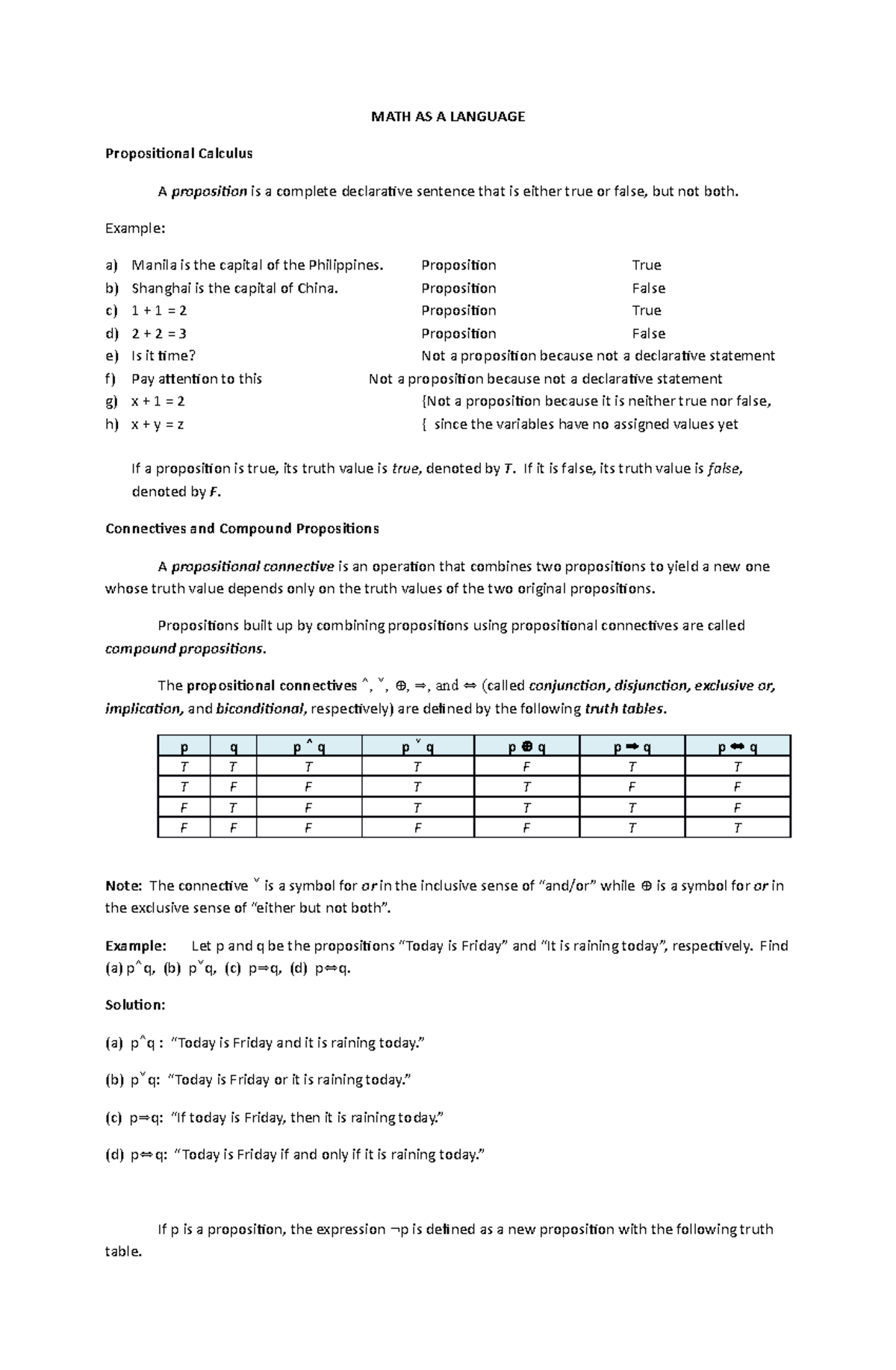 MATH AS A Language handout-1 - MATH AS A LANGUAGE Propositional ...