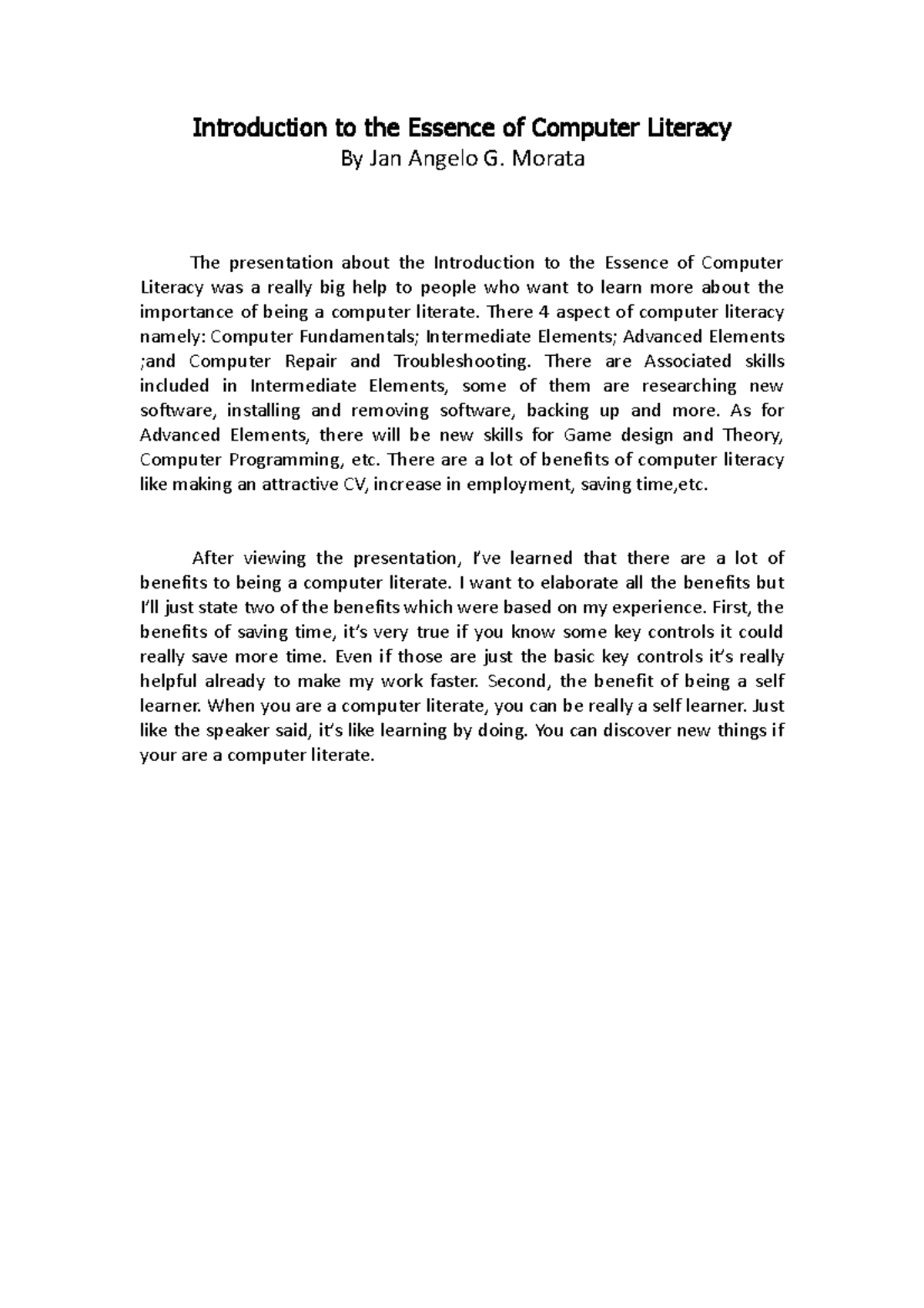 COMP 101: Summary of Key Aspects of Computer Literacy Essentials - Studocu