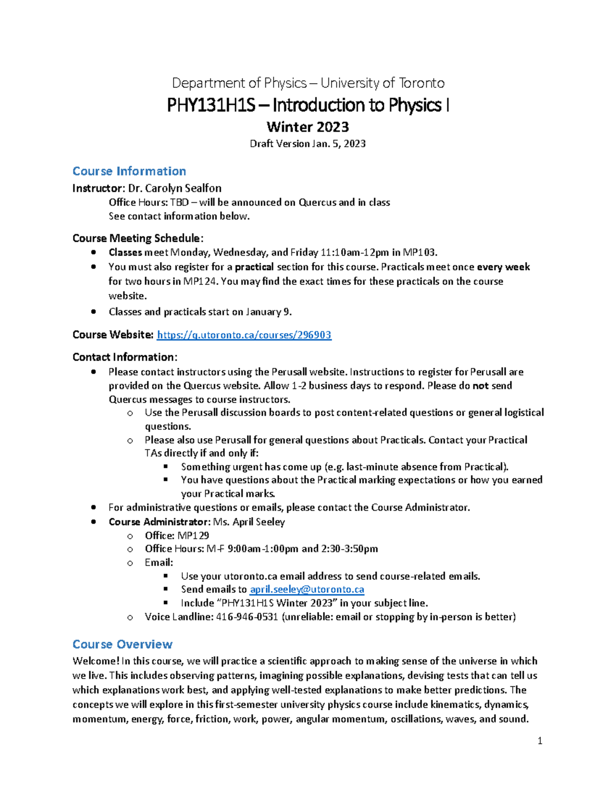 Syllabus for PHY 131 H1S - Intro to Physics I, Winter 2023 - Studocu