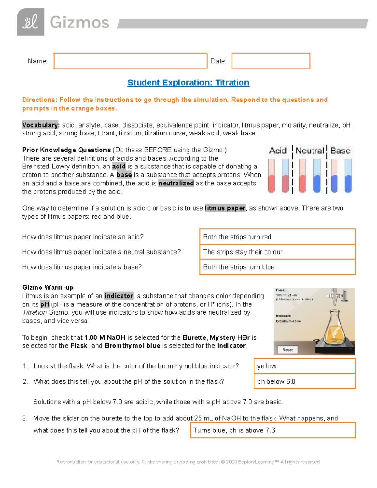 Gizmo Titration SE - Name: Date: Student Exploration: Titration Directions: Follow the ...