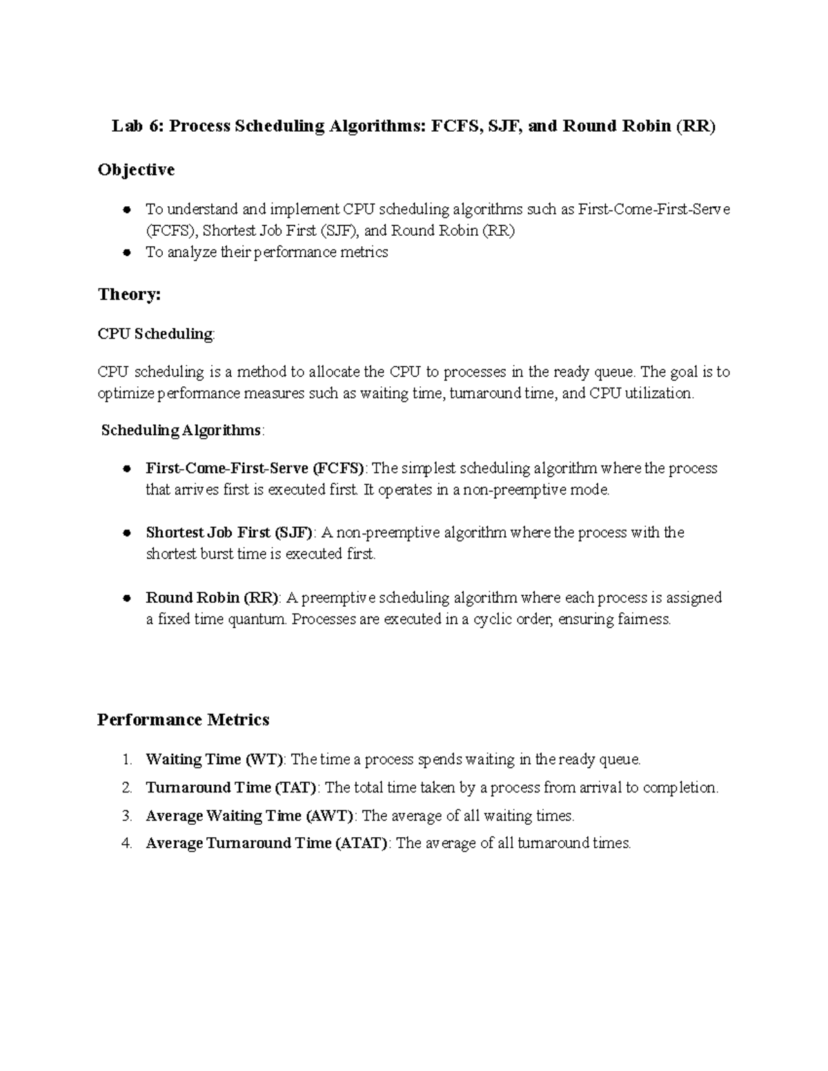 Lab 6: CPU Scheduling Algorithms - FCFS, SJF, and RR Analysis - Studocu