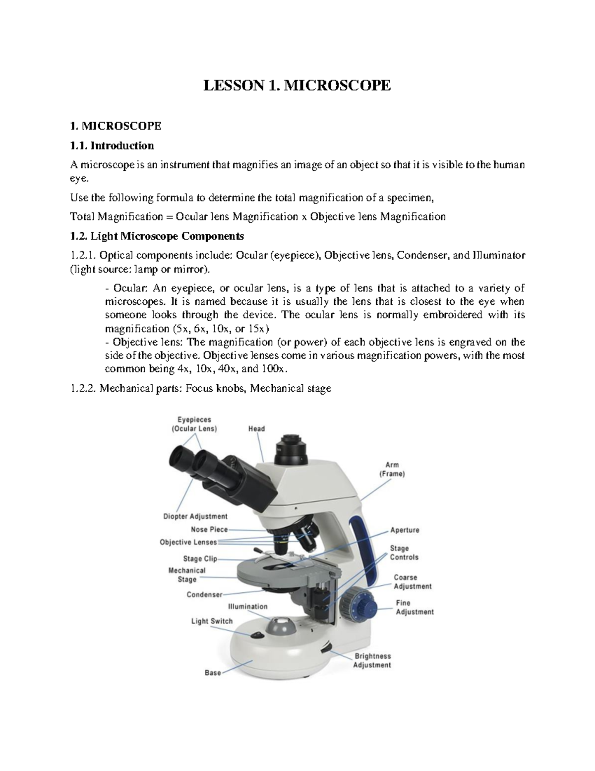 1. Microscope - Lab of general biology - LESSON 1. MICROSCOPE 1 ...