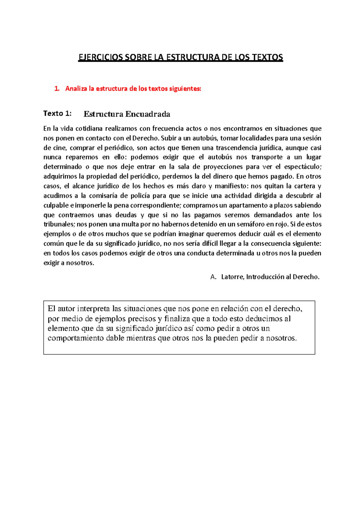 Ejercicios Sobre LA Estructura DE LOS Textos - EJERCICIOS SOBRE LA ...