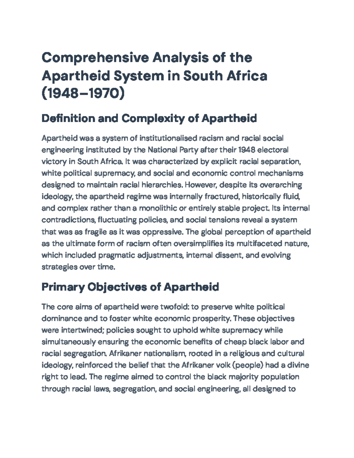 Comprehensive Analysis of the Apartheid System in South Africa (1948 ...